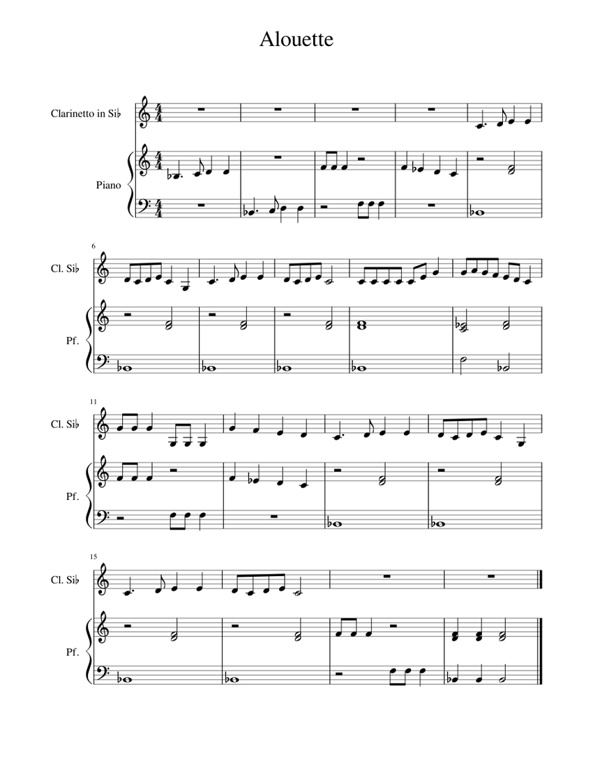 Alouette Sheet music for Piano, Clarinet in b-flat (Solo) | Musescore.com