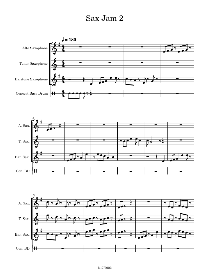 Sax Jam Sheet music for Saxophone alto, Saxophone tenor, Saxophone baritone, Bass drum (Mixed ...