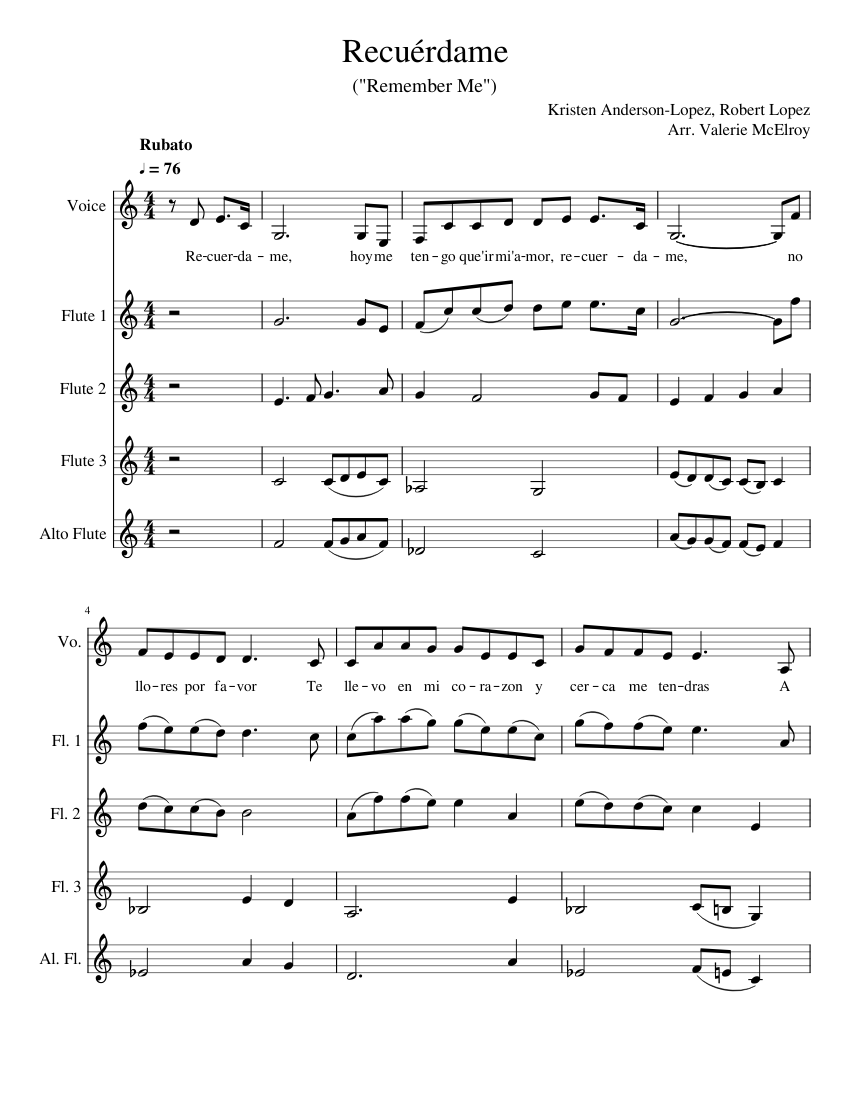 Recuérdame (Remember Me) Sheet Music for Vocals, Flute (Woodwind Trio ...