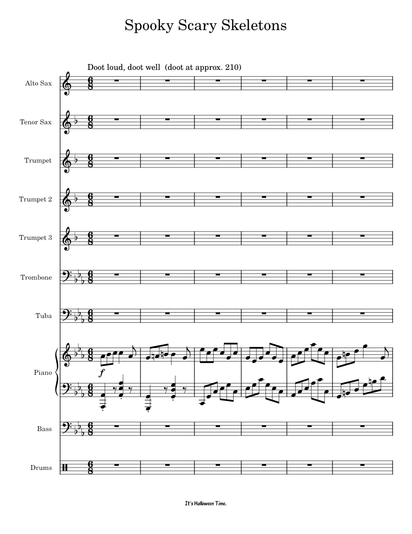 Spooky scary skeletons Sheet music for Piano, Trombone, Tuba, Saxophone ...