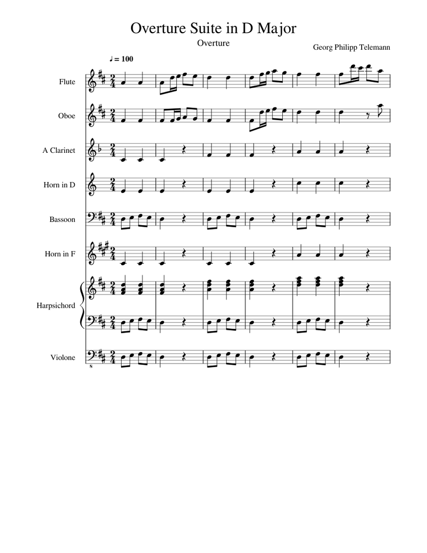 Overture Suite in D Major Sheet music for Harpsichord, Flute, Oboe ...