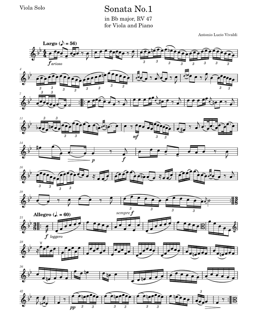 Cello Sonata in B-flat major RV 46 - Viola Solo Sheet music for Viola ...