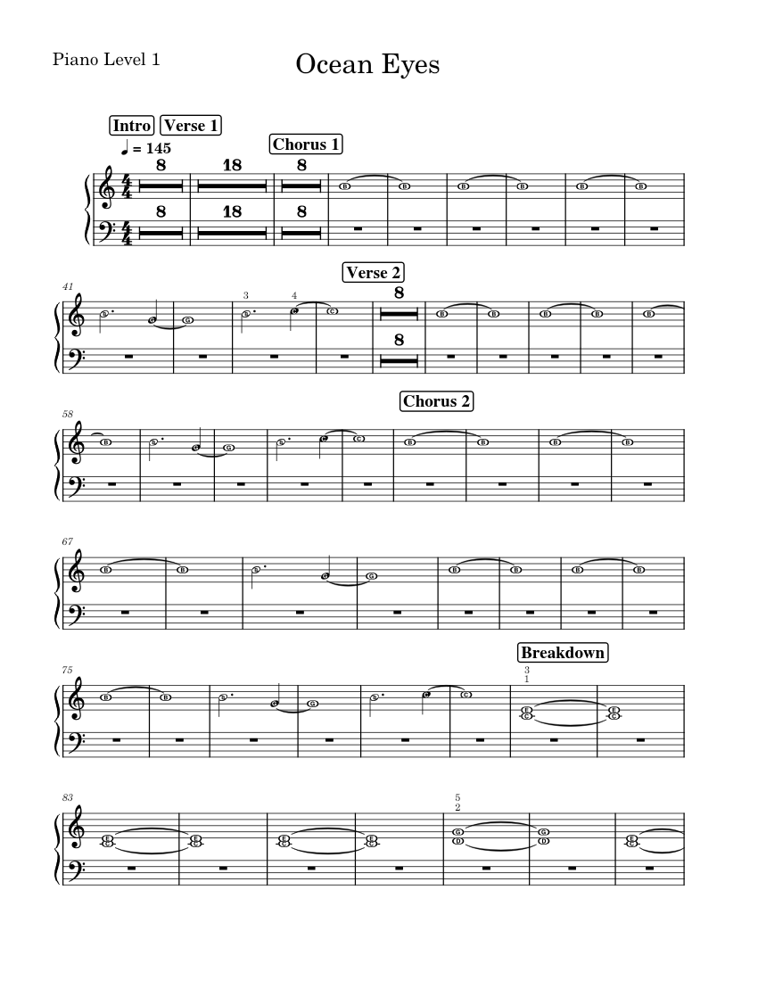 Ocean Eyes-Piano Level 1 Sheet music for Piano (Solo) | Musescore.com