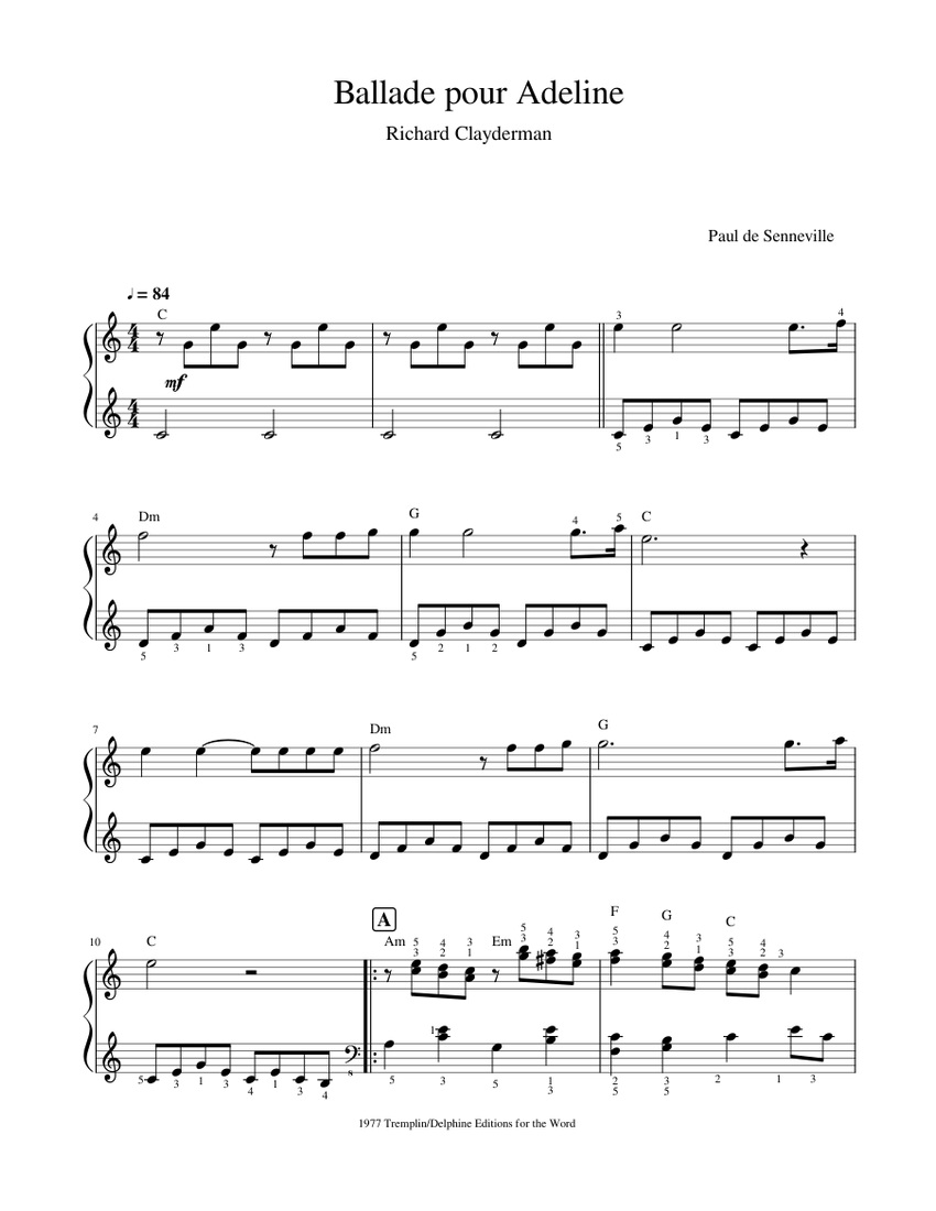 Ballade pour Adeline Sheet music for Piano (Solo) Easy | Musescore.com
