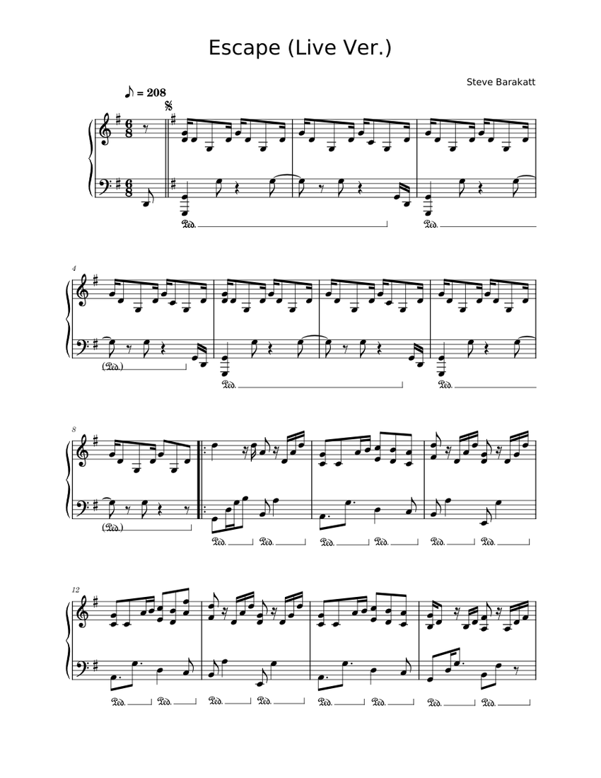 Escape (Live Ver.) / Steve Barakatt Sheet Music for Piano (Solo ...