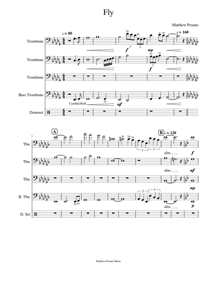 Fly (Trombone Quartet) Sheet Music for Trombone, Trombone bass, Drum ...