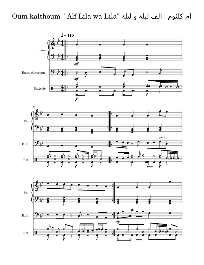 Oum kalthoum Alf Lila wa Lila Sheet Music for Piano, Bass guitar, Drum ...