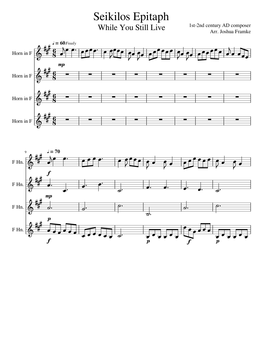 Seikilos Epitaph Sheet music for French horn (Mixed Quartet ...