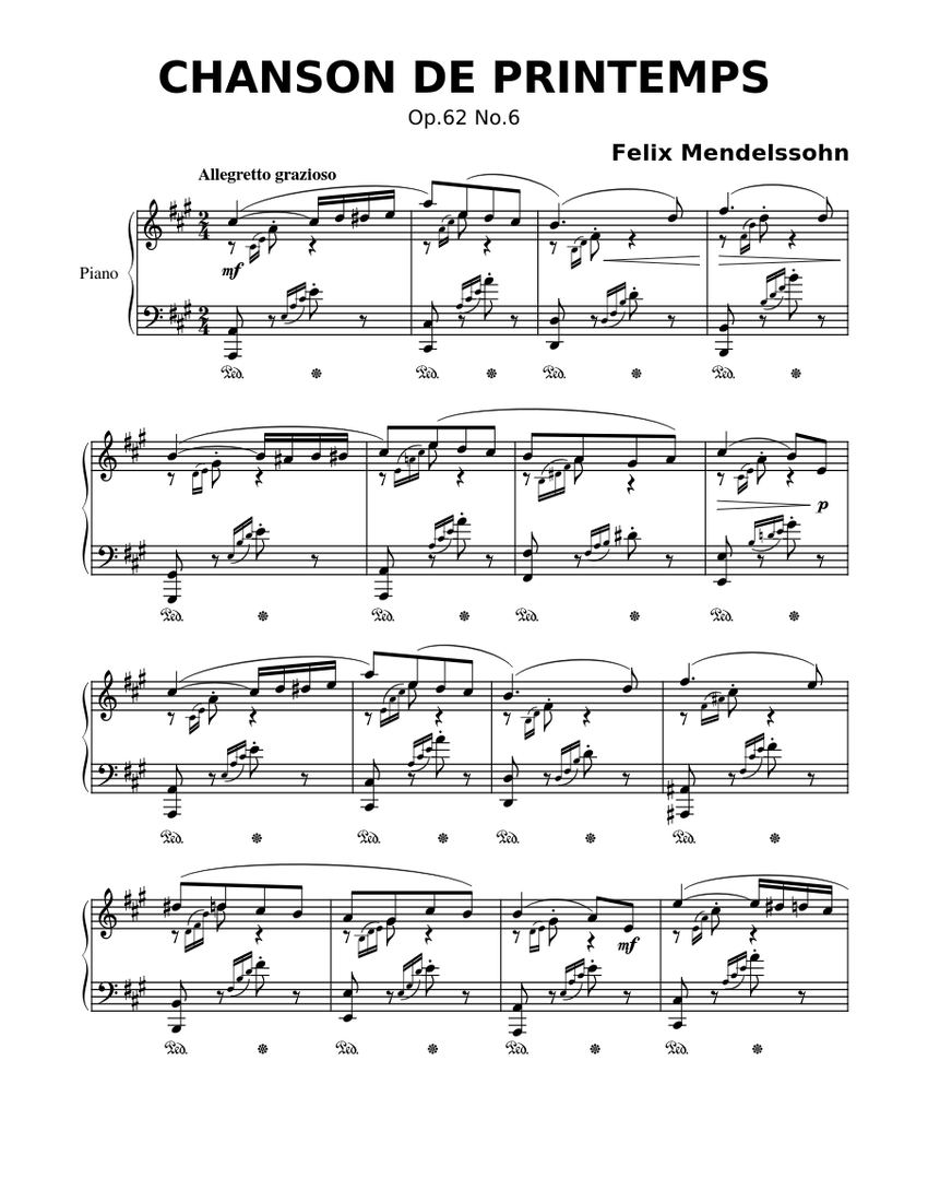 CHANSON DE PRINTEMPS – Felix Mendelssohn Sheet Music for Piano (Solo ...