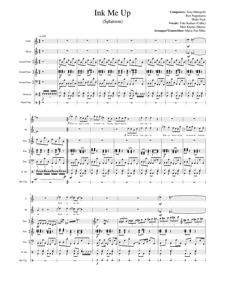 Ink Me Up - Splatoon (Vocals, Piano, Drumset and Lyrics) Sheet Music ...