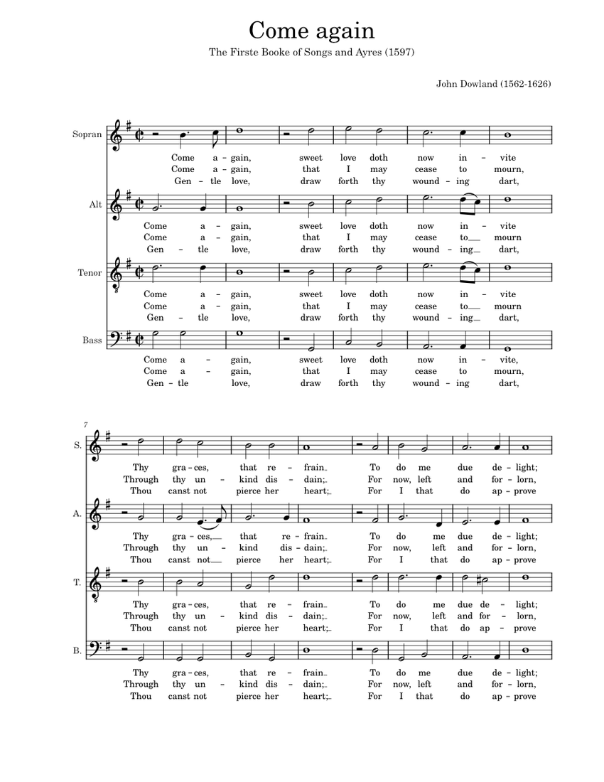 Come again Sheet Music for Soprano, Alto, Tenor, Bass voice (SATB ...