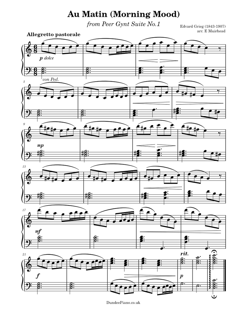 Morning Mood arranged for piano - Edvard Grieg Sheet music for Piano ...
