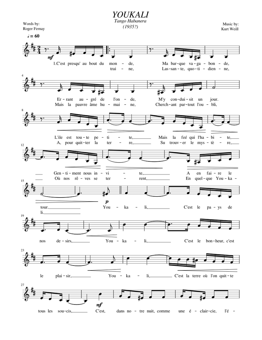 YOUKALI Sheet Music for Piano (Solo) Easy | MuseScore.com