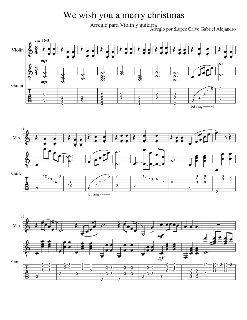 We wish you a merry christmas Arrangment for violin and guitar Sheet ...