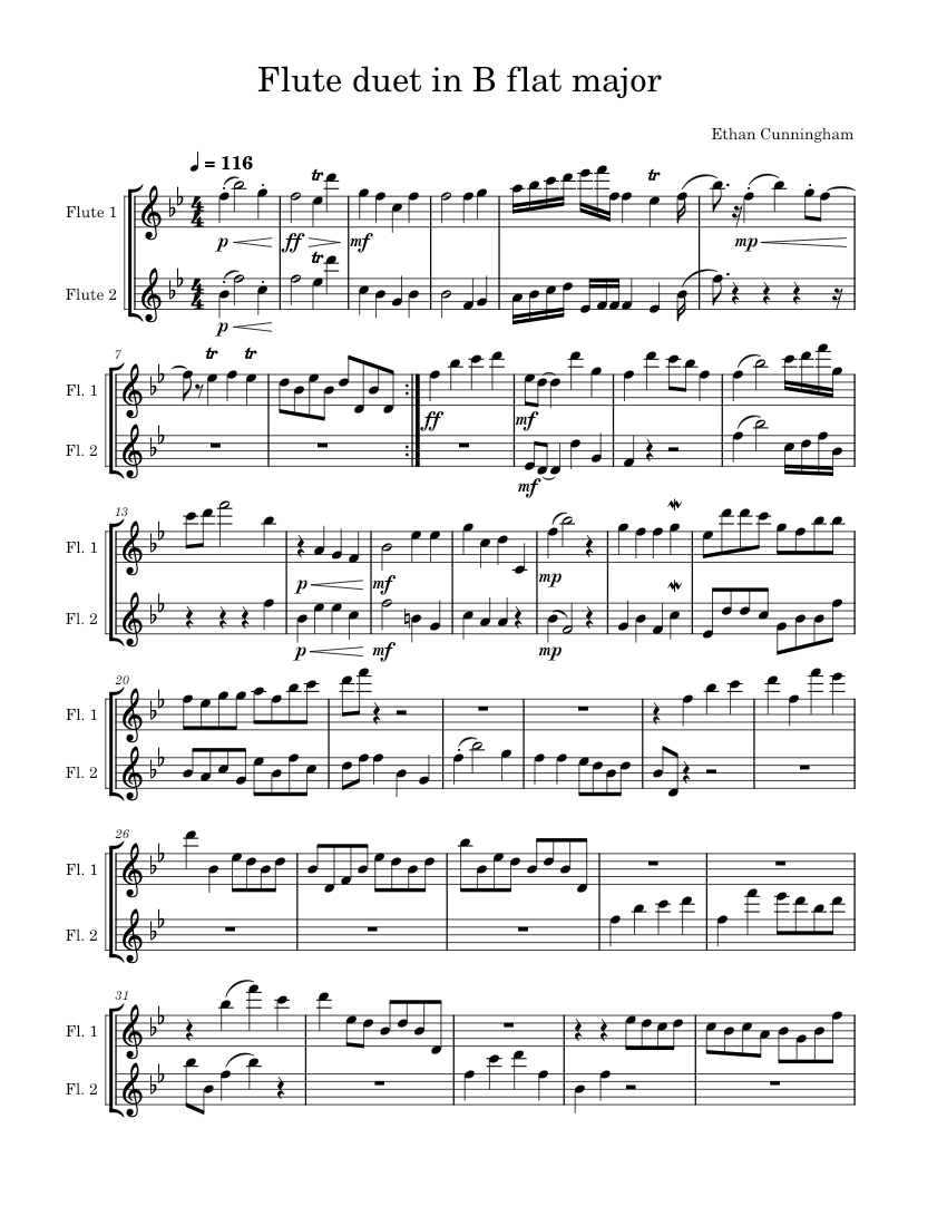 Flute duet in B flat major Sheet Music for Flute (Woodwind Duet ...