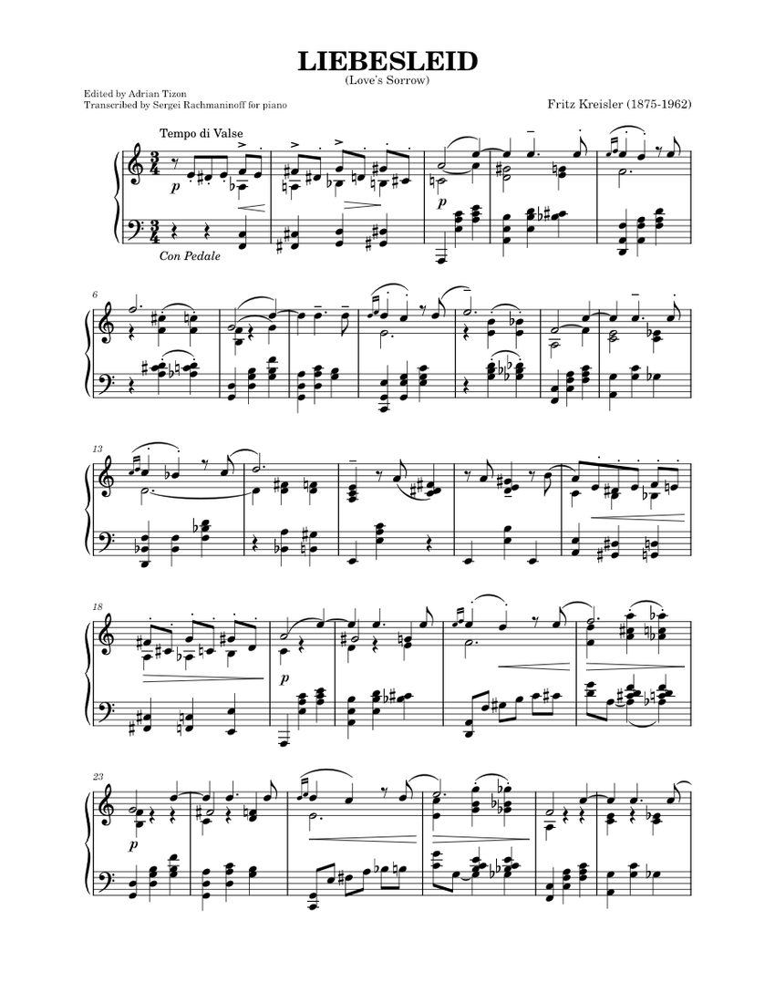 Liebesleid – F. Kreisler (arr. S. Rachmaninoff) Sheet music for Piano ...