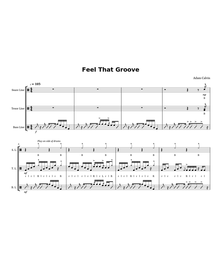 Drumline Groove Sheet Music for Snare drum, Tenor drum, Bass drum ...