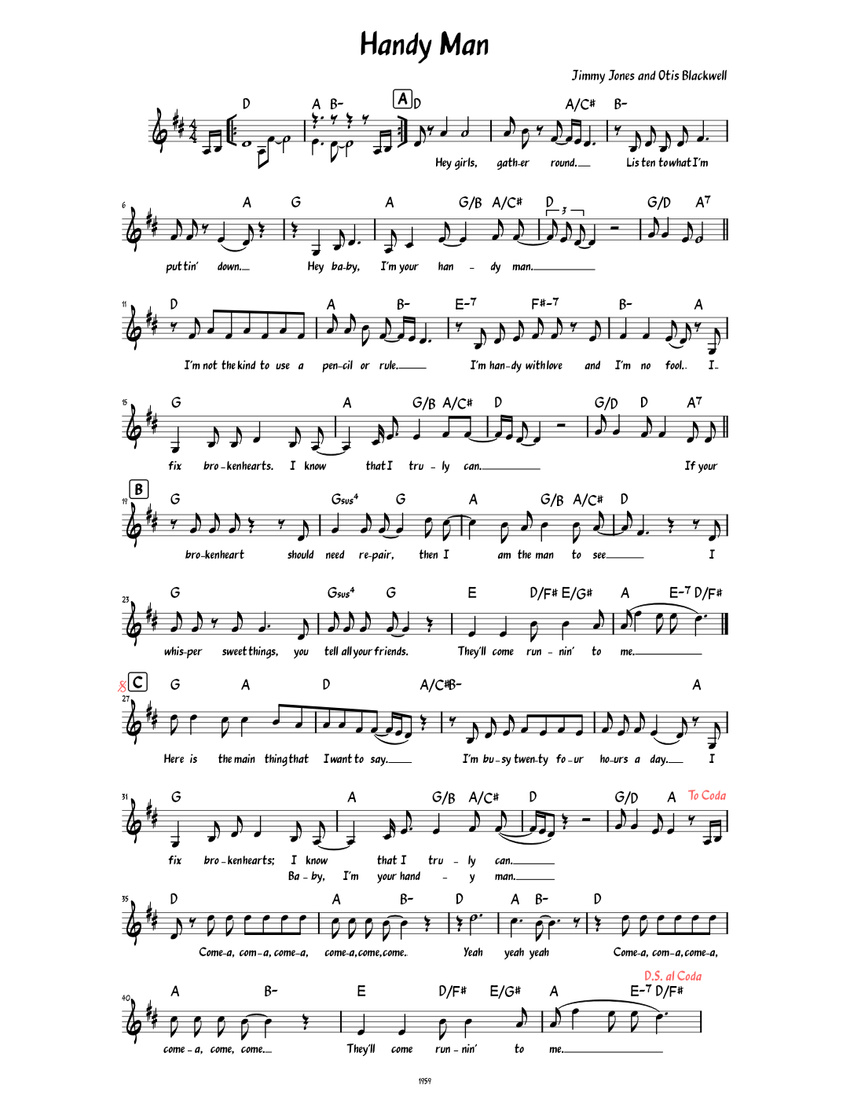 Handy Man (Lead sheet with lyrics ) Sheet Music for Piano (Solo) Easy ...