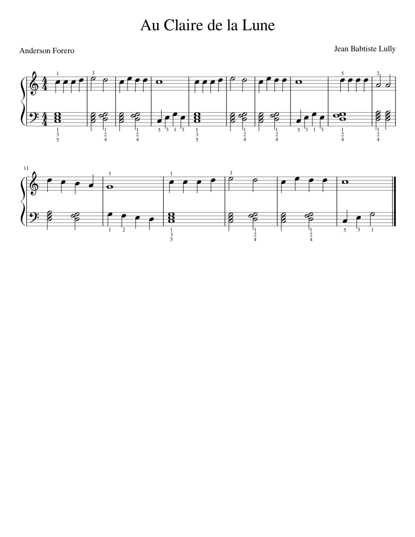 Au Claire de la Lune Sheet music for Piano (Solo) Easy | Musescore.com
