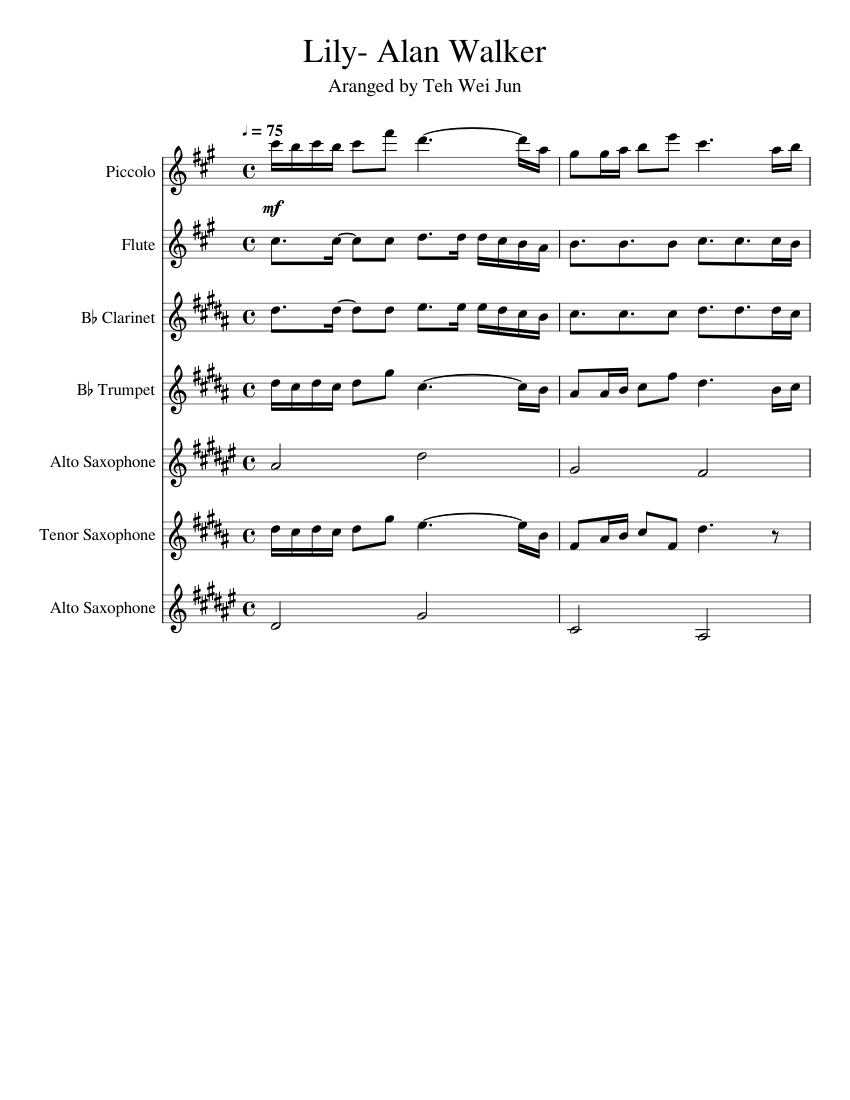 Lily- Alan Walker (Transcription) Sheet Music for Flute piccolo, Flute ...