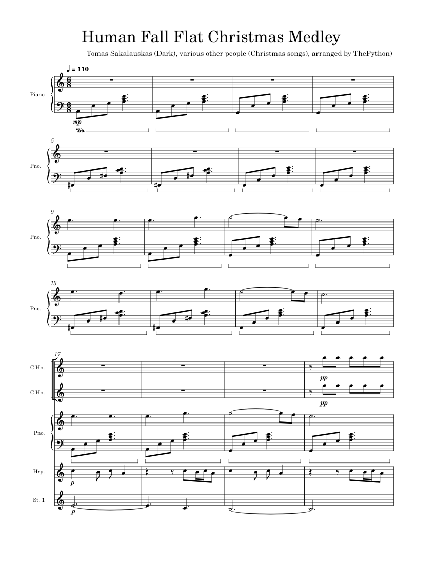 Human Fall Flat Christmas Medley Sheet Music for Piano, Flute piccolo ...