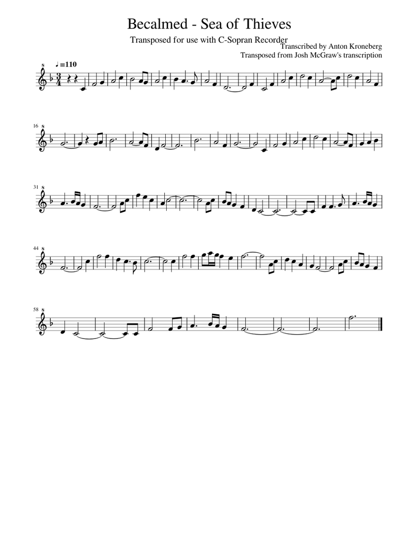Becalmed Transposed for C-Sopran Recorder Sheet music for Recorder ...