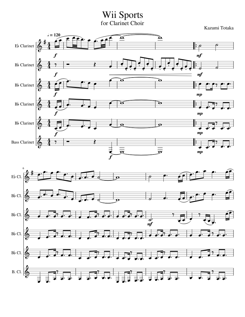 Wii Sports Theme for Clarinet Choir Sheet Music for Clarinet in e-flat ...