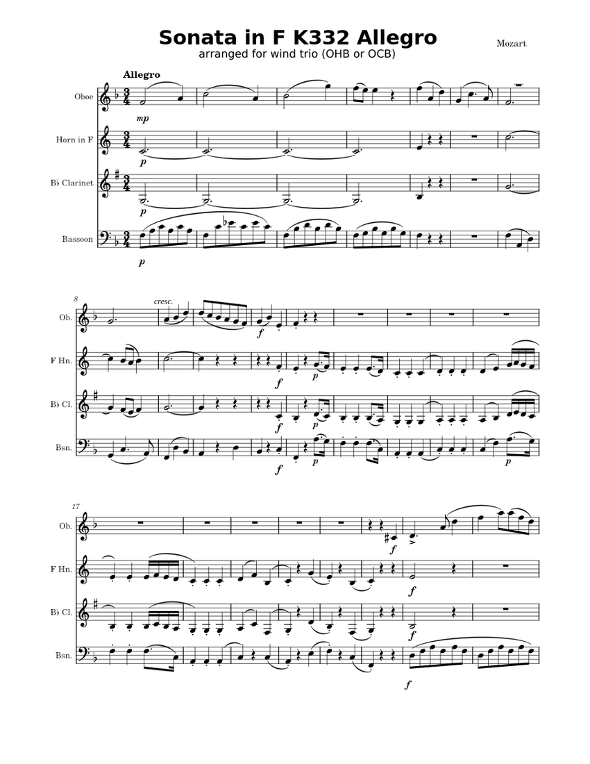 Allegro from Piano Sonata No.12 in F major, K.332/300k – Wolfgang Amadeus Mozart Sheet Music for ...