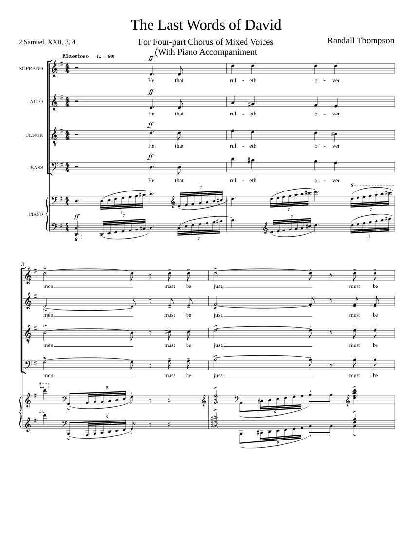 The Last Words of David – Randall Thompson Sheet Music for Piano ...