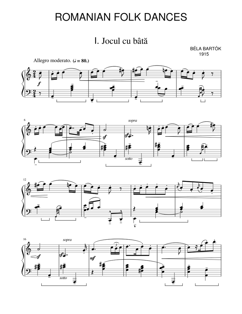Béla Bartók - Romanian Folk Dances Sheet Music for Piano (Solo ...