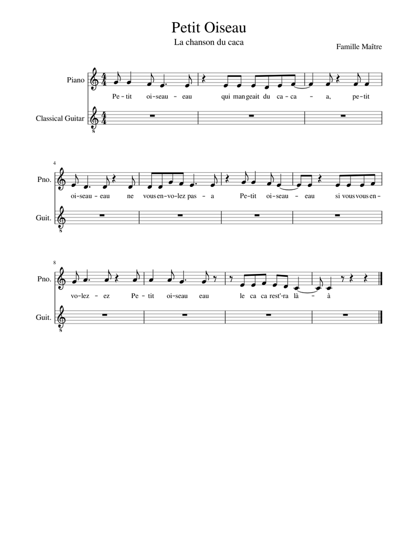Petit Oiseau Sheet Music for Piano, Guitar (Solo) | MuseScore.com