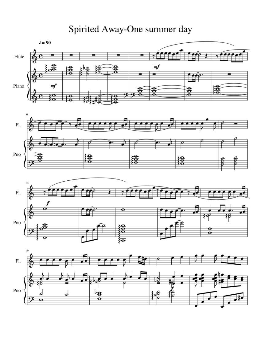 Spirited Away One Summers Day Flute and Piano Sheet Music for Piano ...
