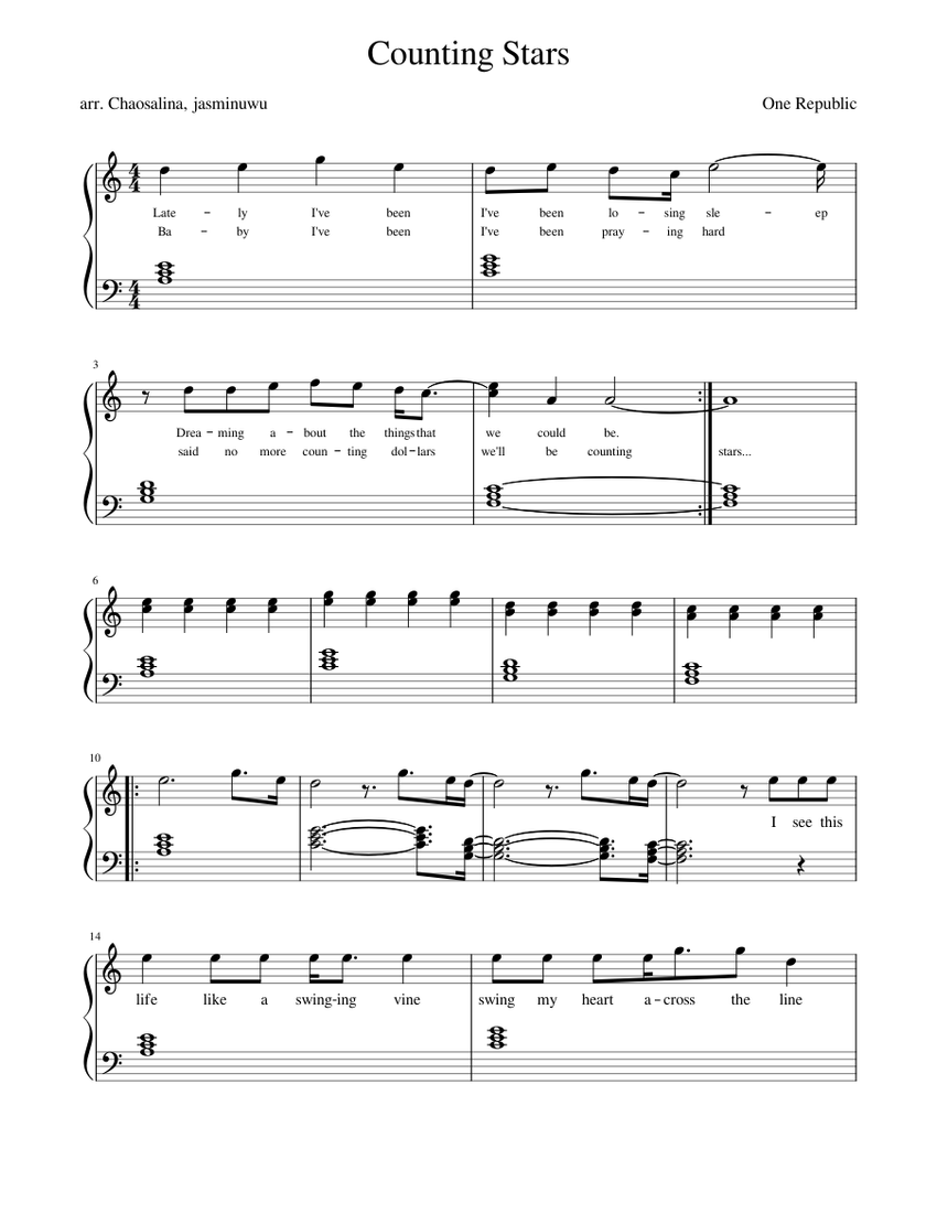 Counting Stars - One Republic Sheet music for Piano (Solo) Easy ...