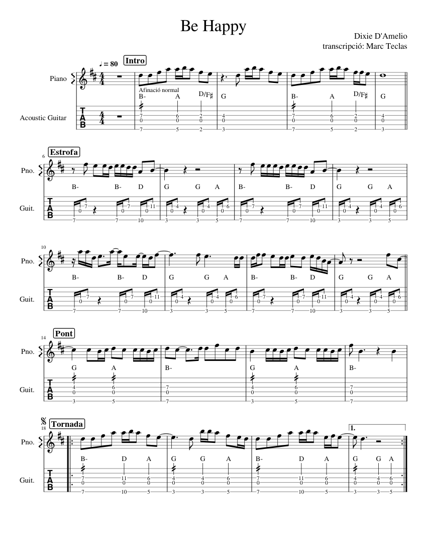 Be Happy - Dixie Damelio - Standard Tunning Sheet Music and Tab with ...