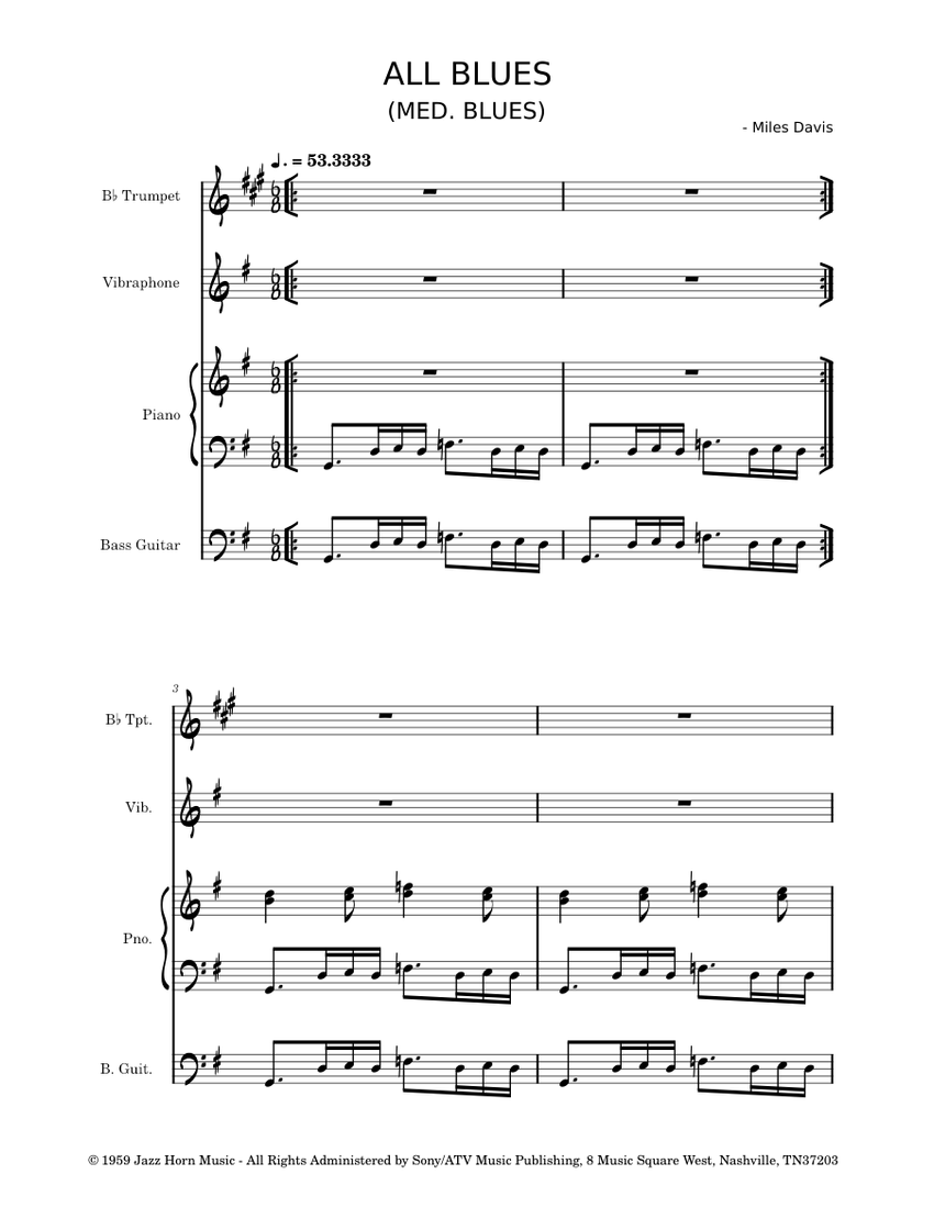 All Blues Sheet Music for Piano, Trumpet in b-flat, Vibraphone, Bass ...
