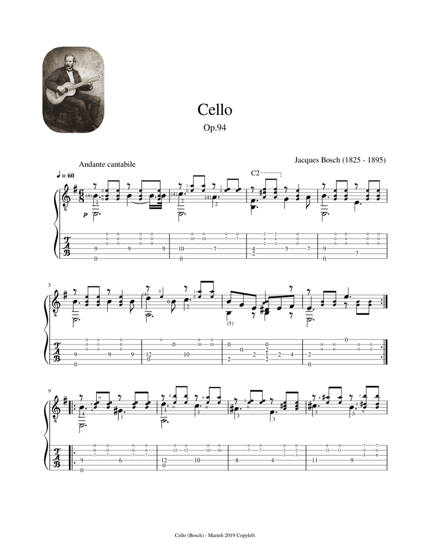 Cello Op.94 - Jacques Bosch (1825 - 1895) - Tablature Sheet Music for ...