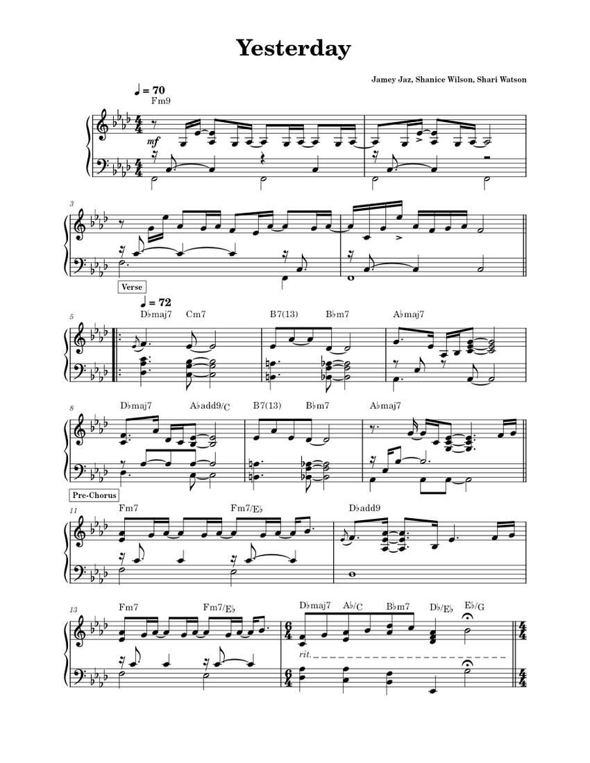 Yesterday – Shanice Sheet music for Piano (Solo) | Musescore.com