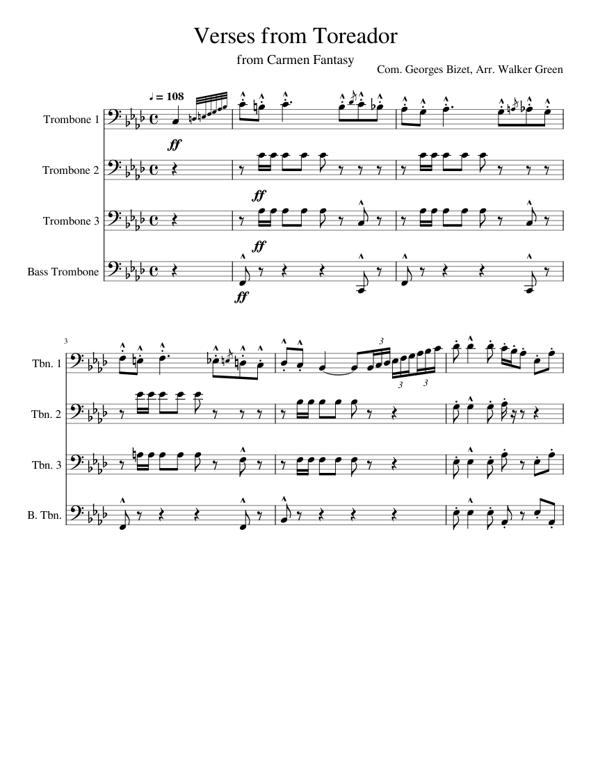Toreador March for Trombone Quartet Sheet Music for Trombone (Mixed ...