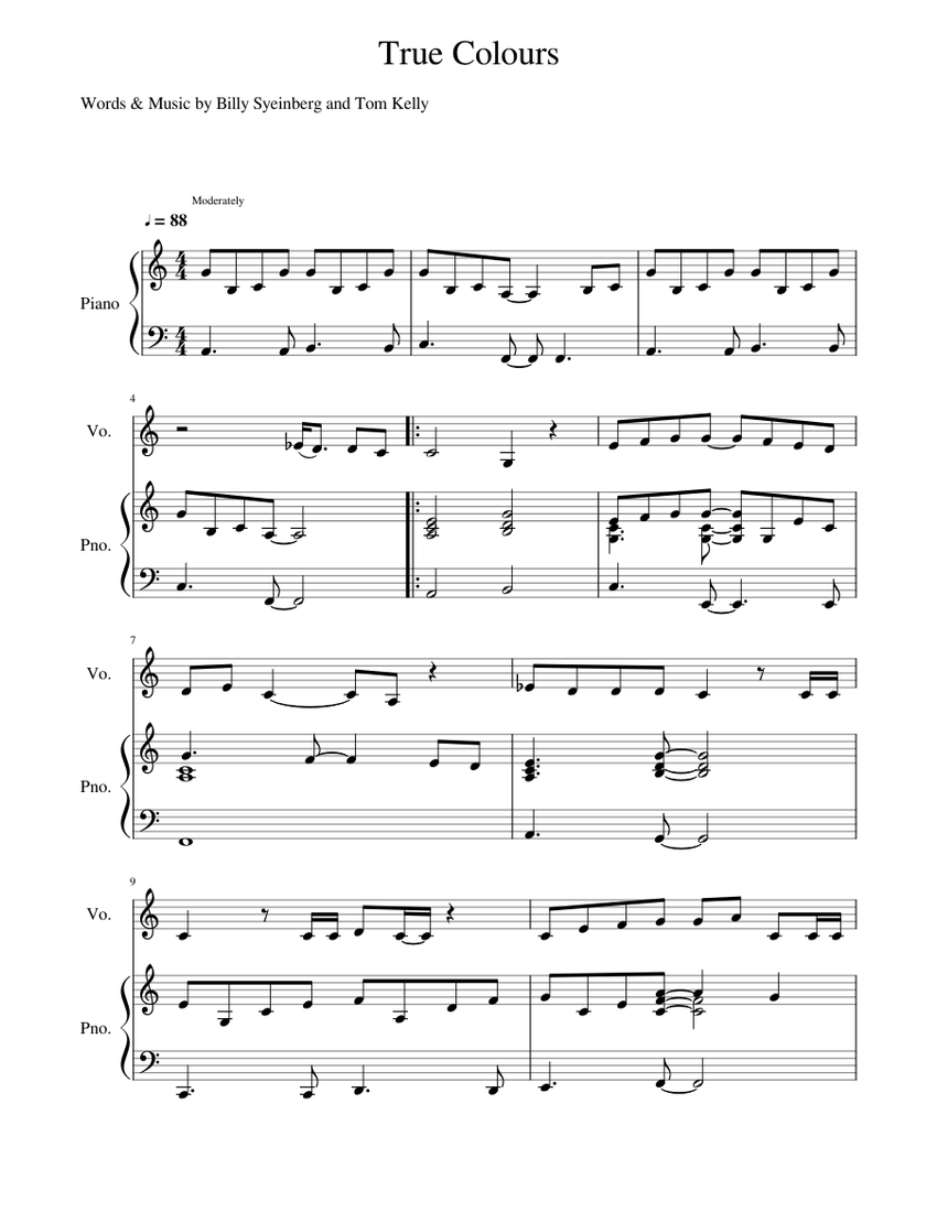 True Colours Sheet Music for Piano, Vocals (Piano-Voice) | MuseScore.com