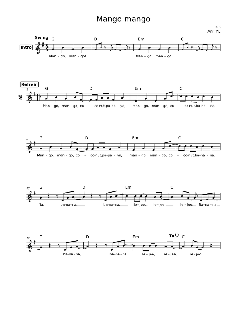 Mango mango – K3 (lead sheet) Sheet Music with Chords for Piano (Solo ...