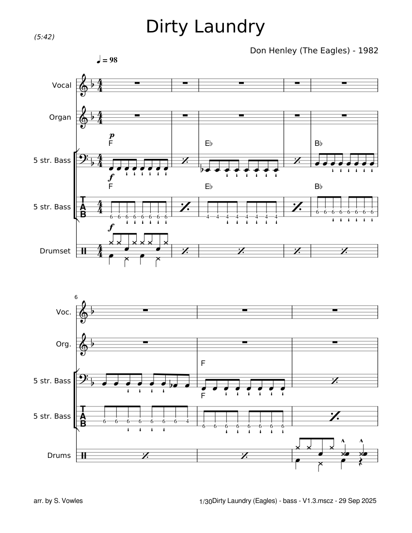 Dirty Laundry (Eagles) Sheet Music with Chords for Alto, Organ, Bass ...