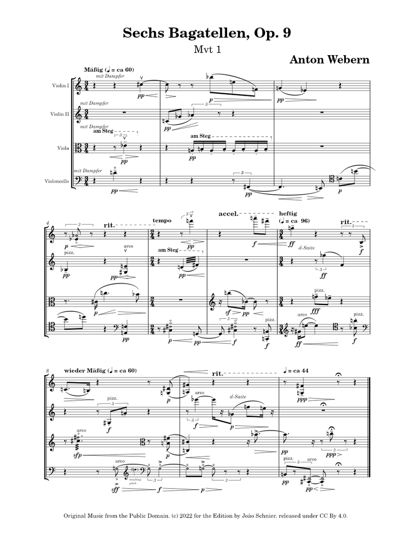 6 Bagatellen, Op.9 : Mvt 1 – Anton Webern Sheet Music for Violin, Viola, Cello (String Quartet ...