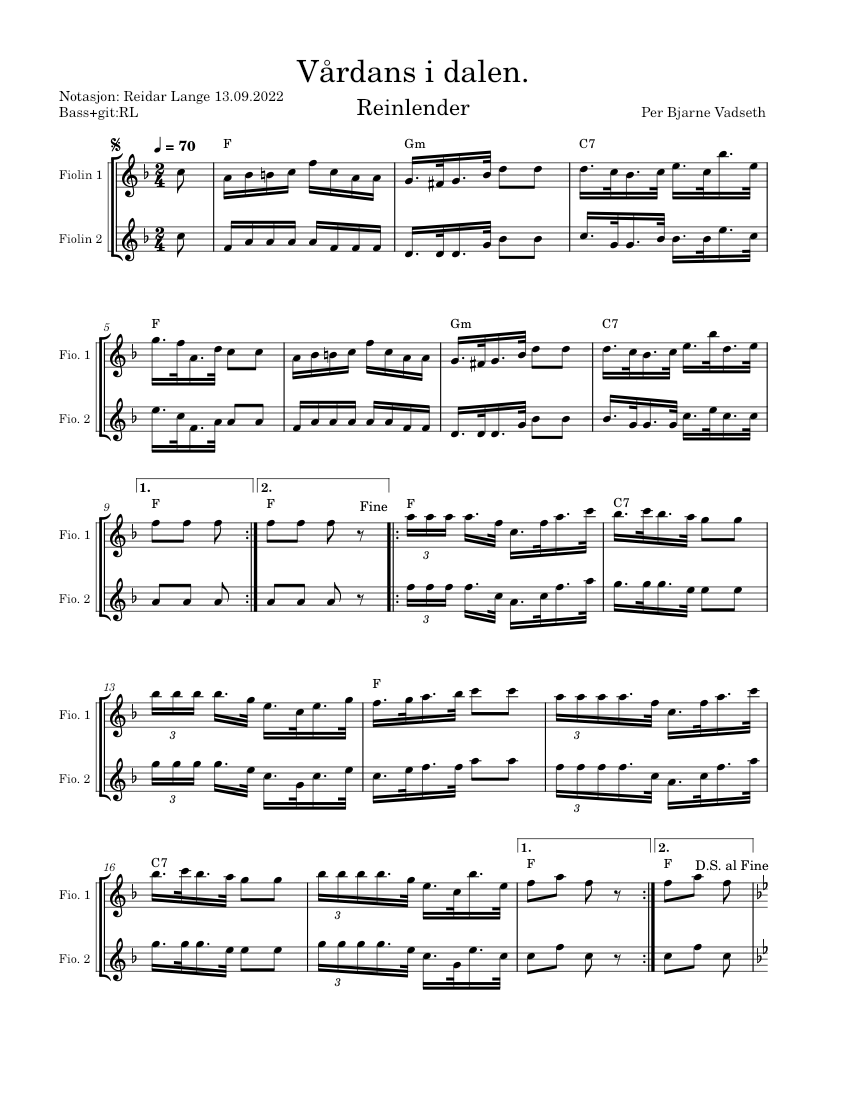 Vårdans i dalen, reinlender – Per Bjarne Vadseth Sheet music for Violin ...