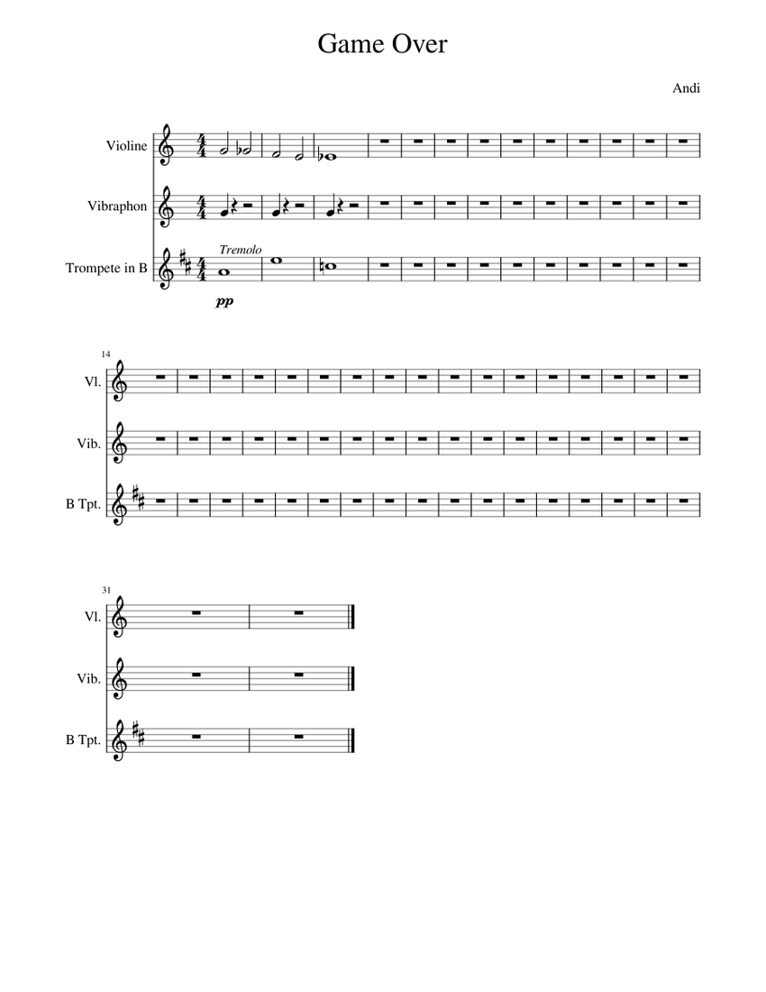 Game Over Sheet Music for Trumpet in b-flat, Vibraphone, Violin (Mixed ...