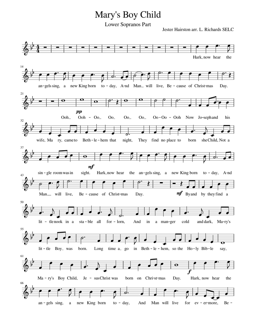 Mary's Boy Child.Lower Sopranos part Sheet Music for Piano (Solo) Easy ...