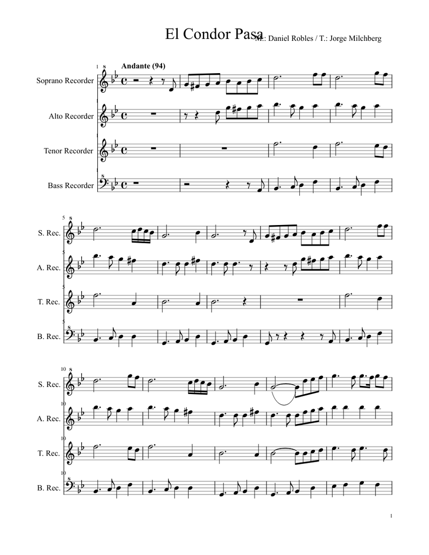 El Condor Pasa Sheet Music for Recorder (Mixed Quartet) | MuseScore.com