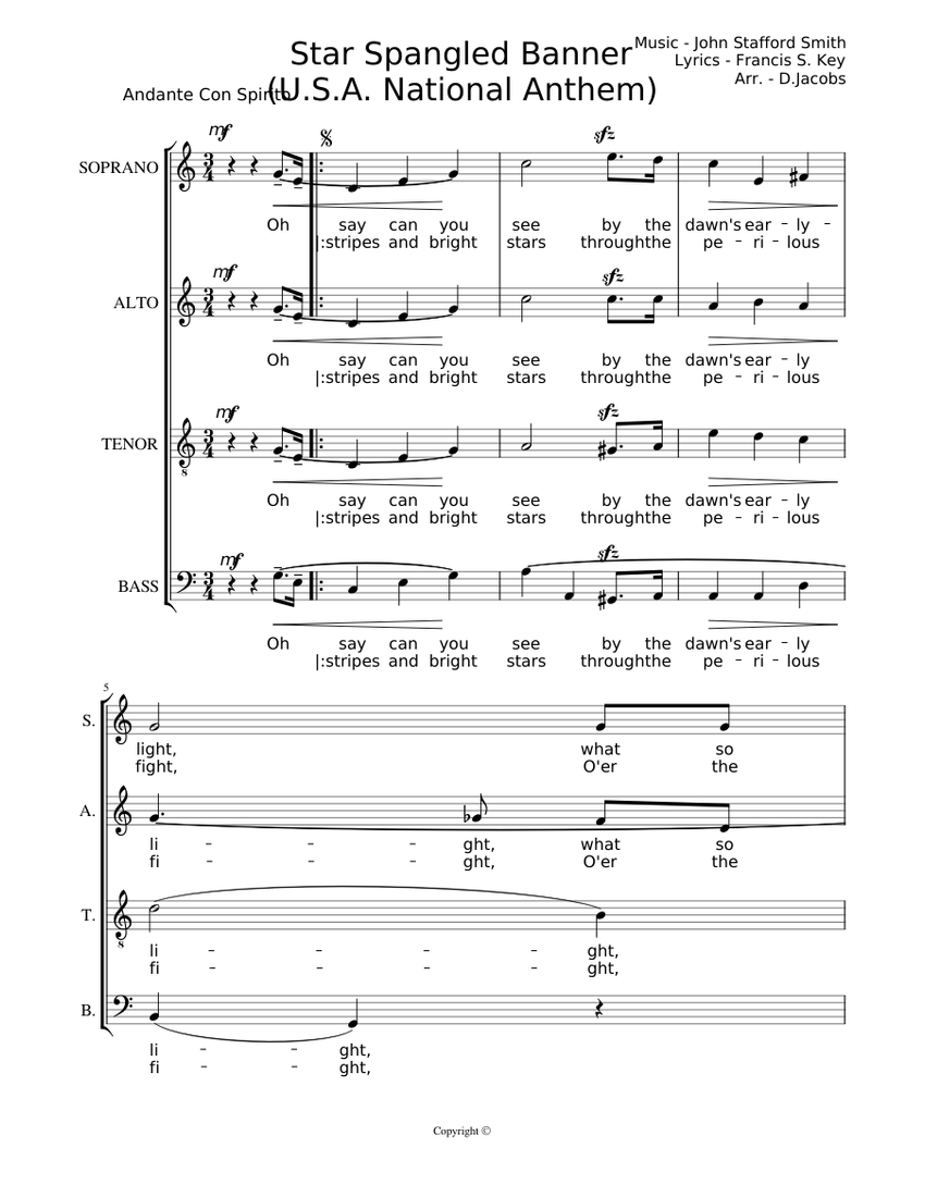 Star Spangled Banner U.S.A. National Anthem Sheet music for Bass guitar ...