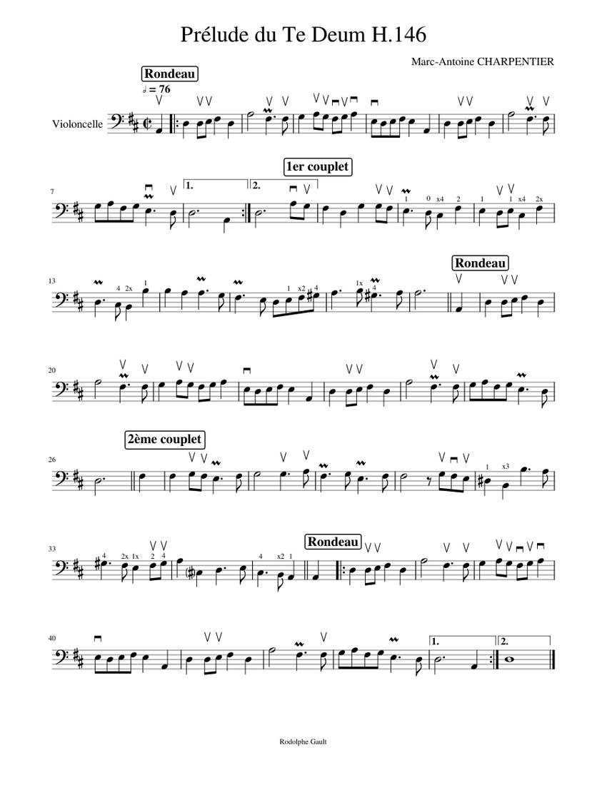 Prélude du Te Deum H.146 Marc-Antoine CHARPENTIER Sheet music for Cello (Solo) | Musescore.com