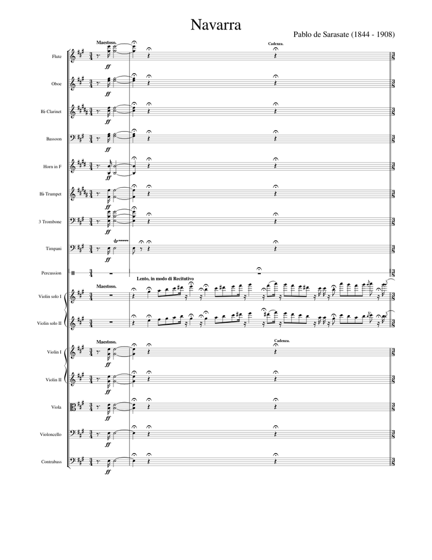 Sarasate - Navarra Sheet Music for Trombone, Tambourine, Flute, Oboe ...