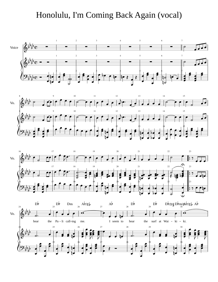 Honolulu, I'm Coming Back Again Sheet Music for Voice (other) (Solo ...